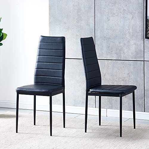 Set of 5 Dining Table Chair Set, Black Glass Square Dining Table and 4 Black Faux Leather Dining Chairs, Modern Dining Room Set with Metal Legs 5-Piece Kitchen Table Chair Set for Home Restaurant