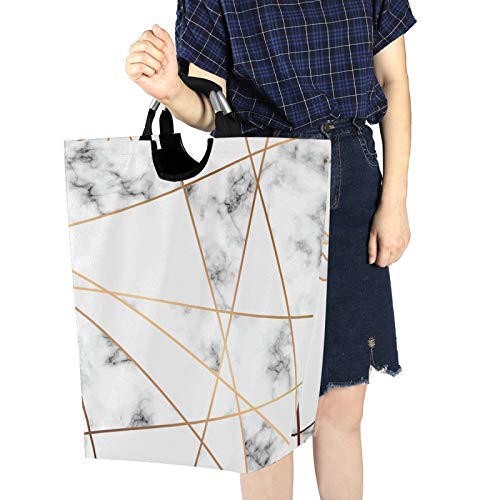 ALAZA Large Laundry Basket White Marble with Gold Geometric Lines Laundry Bag Hamper Collapsible Oxford Cloth Stylish Home Storage Bin with Handles, 22.7 Inch