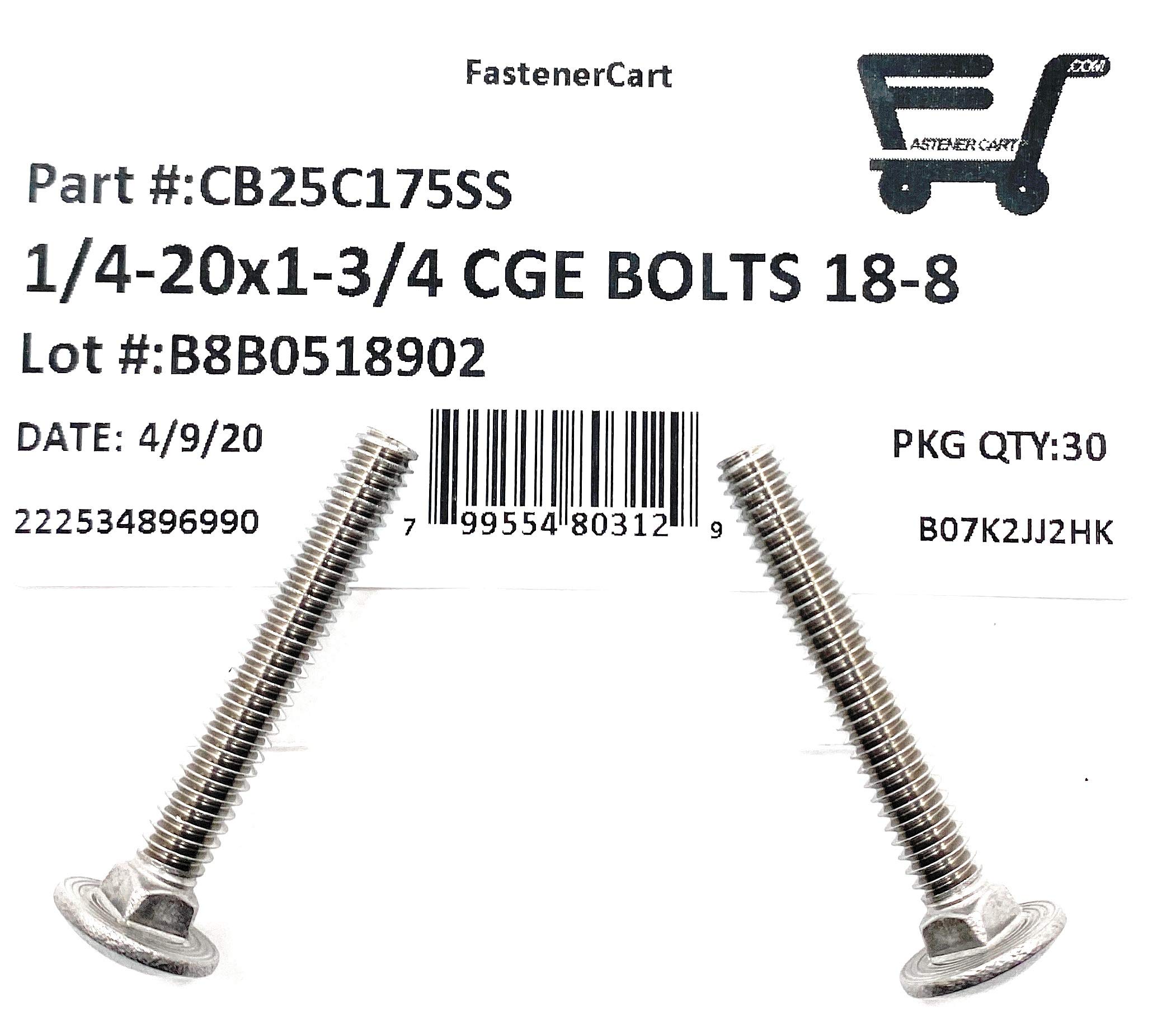 1/4-20x1-3/4 Carriage Bolts Stainless Steel 18-8 (30 Pieces)