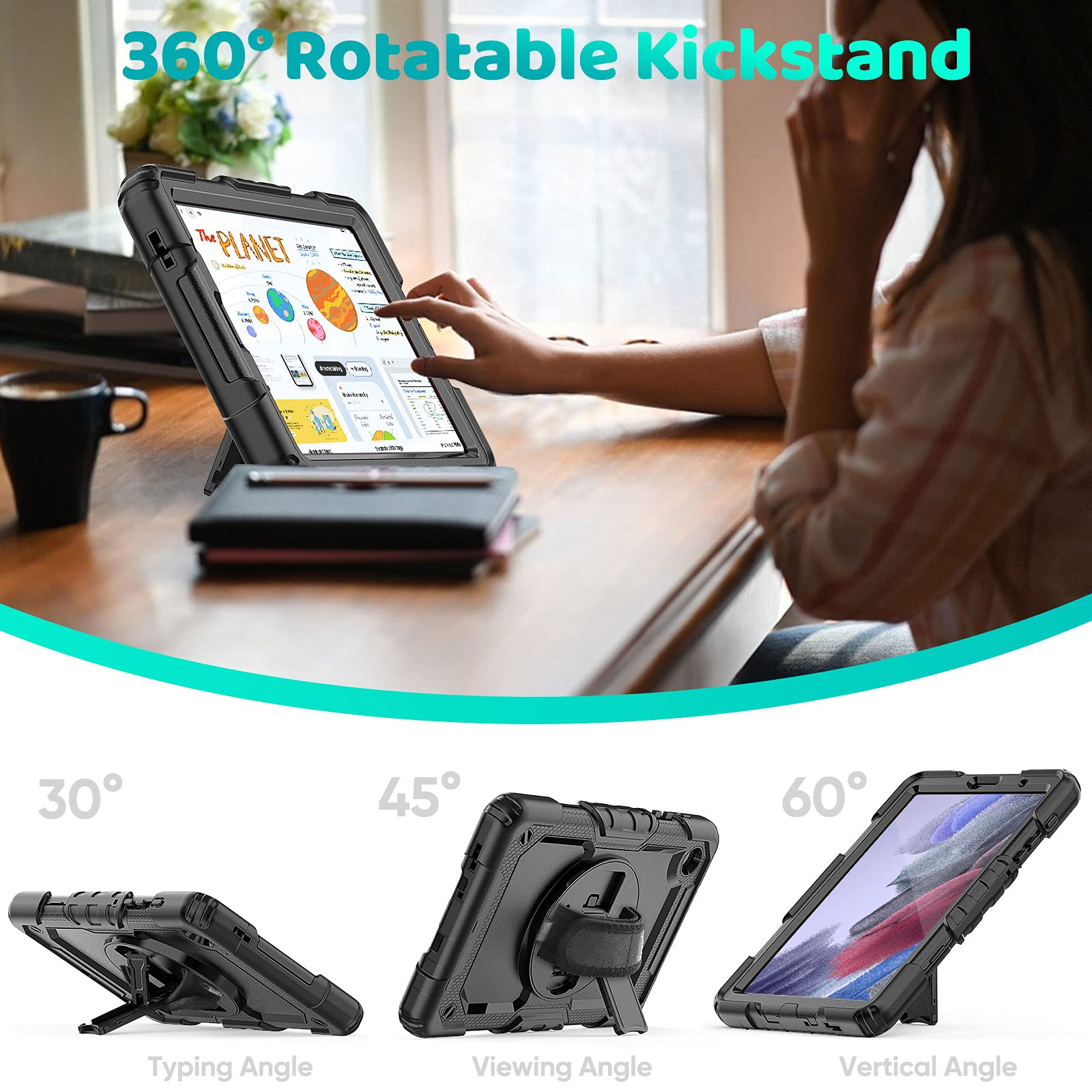 BLOSOMEET Case for Galaxy Tab A7 Lite 2021 8.7 Inch with Tempered Glass Screen Protector Pencil Holder, Kids Cover for Samsung Tablet A7 Lite SM-T225/T220/T227 with Hand Shoulder Strap Stand, Black