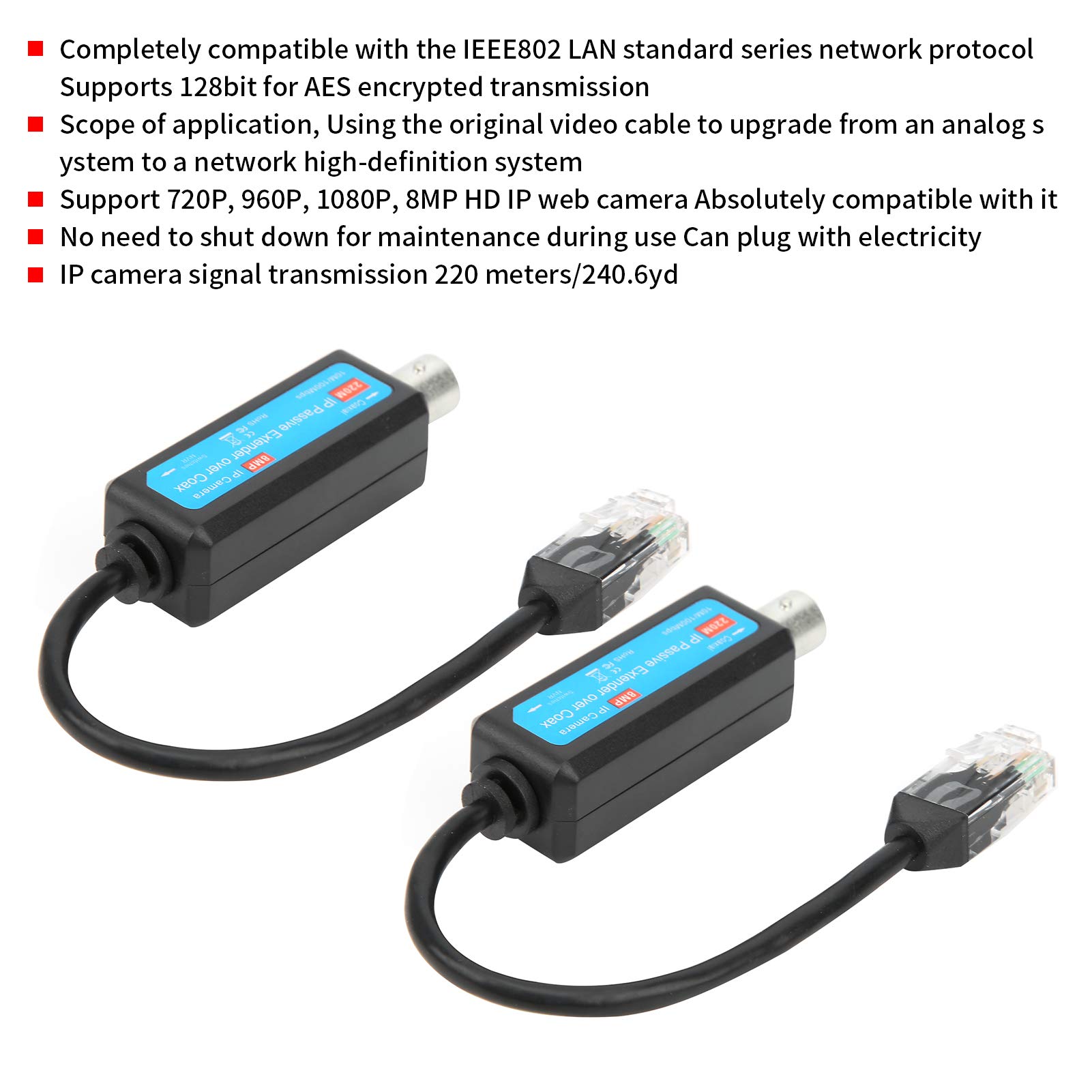 2pcs IP Passive Extender, Over Coax Coaxial Network Transmitter 8MP HD Passive IPCoaxial Transmitter HD Network Extender for Web Camera