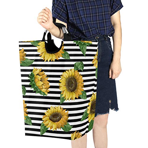 Aflyko Sunflower Black and White Stripes Laundry Basket Foldable Waterproof Laundry Hamper Large Storage Basket with Handles for Bathroom Washhouse Home Decor