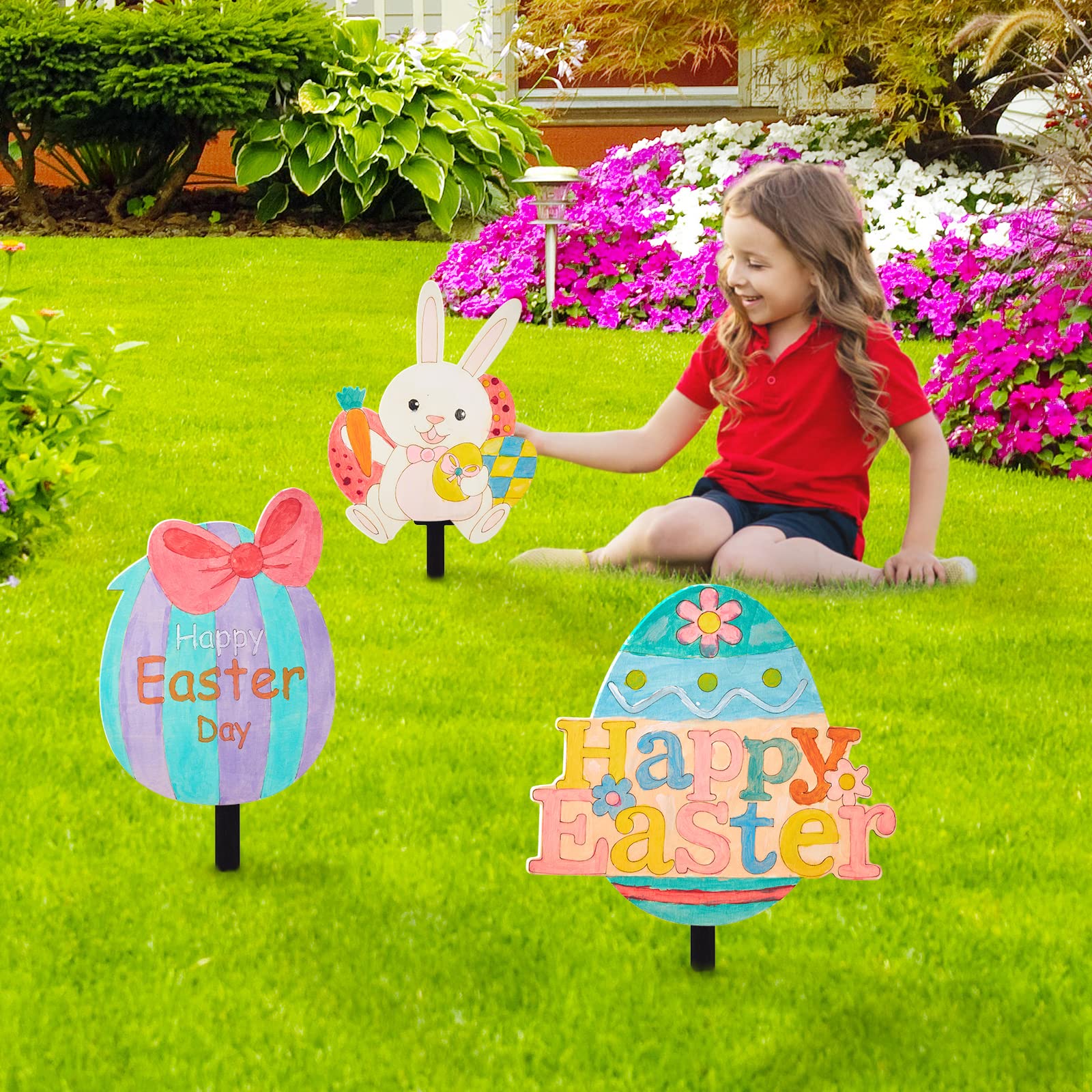 3pc Easter Arts and Crafts for Kids Paint Your Own Easter Yard Signs Wood Paint Craft Kits for Ages 8-12 Home Party Suppliess