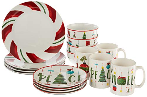 American Atelier Holiday Dinnerware Set – 16-Piece Christmas-Themed Stoneware Dinner Party Collection w/ 4 Dinner Plates, 4 Salad Plates, 4 Bowls & 4 Mugs – Unique Gift Idea for Christmas or Birthday