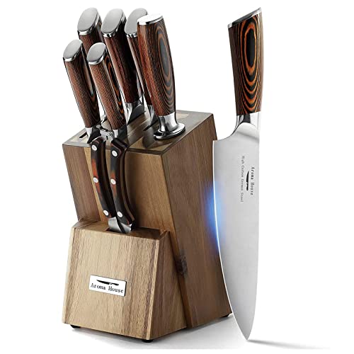 Aroma House 8-Piece Chef Cleaver Knife Set with Block,Professional Kitchen Knife Set, High Carbon German Stainless Steel Kitchen Knife with Ergonomic Handle for Home,Kitchen & Restaurant.