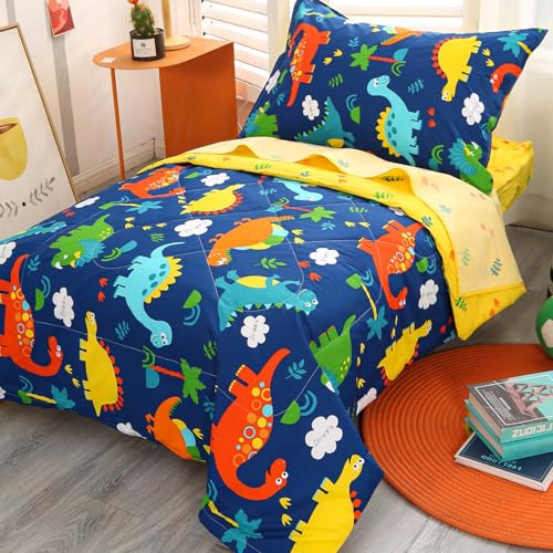 Wowelife Dinosaur Toddler Bedding Sets for Boys Blue Premium 4 Piece Dinosaur Toddler Comforter Set Bed-in-a-Bag, Super Soft and Comfortable with Comforter, Flat Sheet, Fitted Sheet and Pillowcase