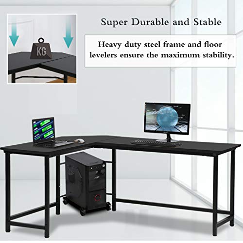Computer Desk Modern L Shaped Desk, L Corner Desk Gaming Desk PC Laptop Study Wood Table Workstation,Home Office Save Space Study Writing Table with CPU Stand and 15mm MDF,66 Inch,Wood & Metal (Black)