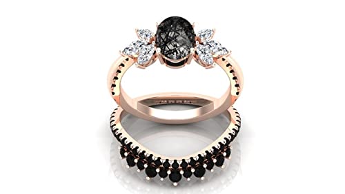 1.75 ct Oval Cut Black Rutilated Quartz Engagement Ring Set Bridal Rings 14K Rose Gold Over