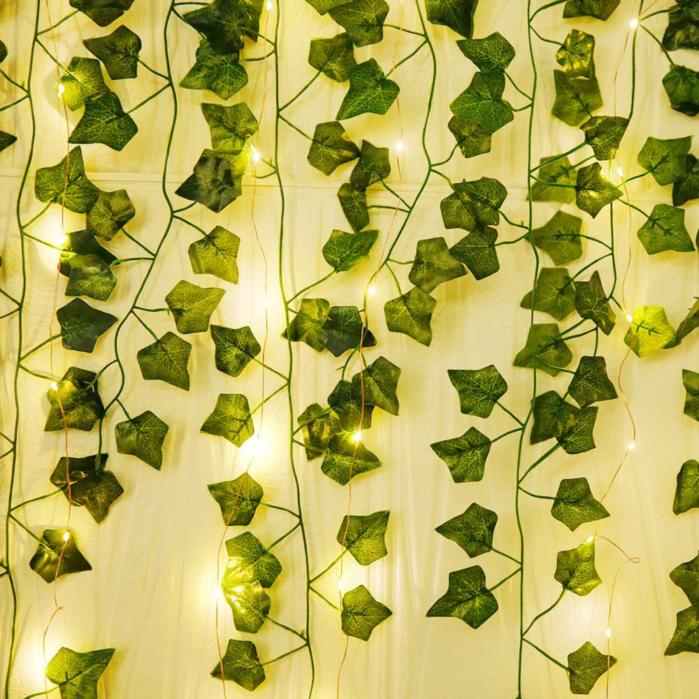 18 Pcs 118ft Artificial Ivy Garland Fake Vines Plants Vine with 200 Led String Lights and Remote Control for Bedroom Garden Home Kitchen Office Outdoor Wall Decor