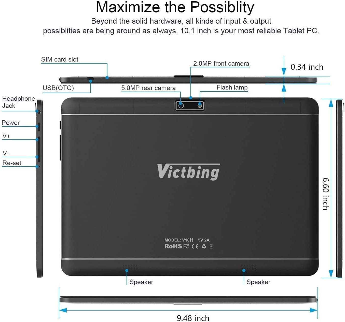 Victbing TPZ Tablet 10.1 inch, Android 10.0 Phablet, Phone Tablets with SIM Slots, 32GB Storage 128GB Expansion, Dual Camera, HD IPS Display, Wi-Fi, Bluetooth, USB Type C, 6000mAh, GPS