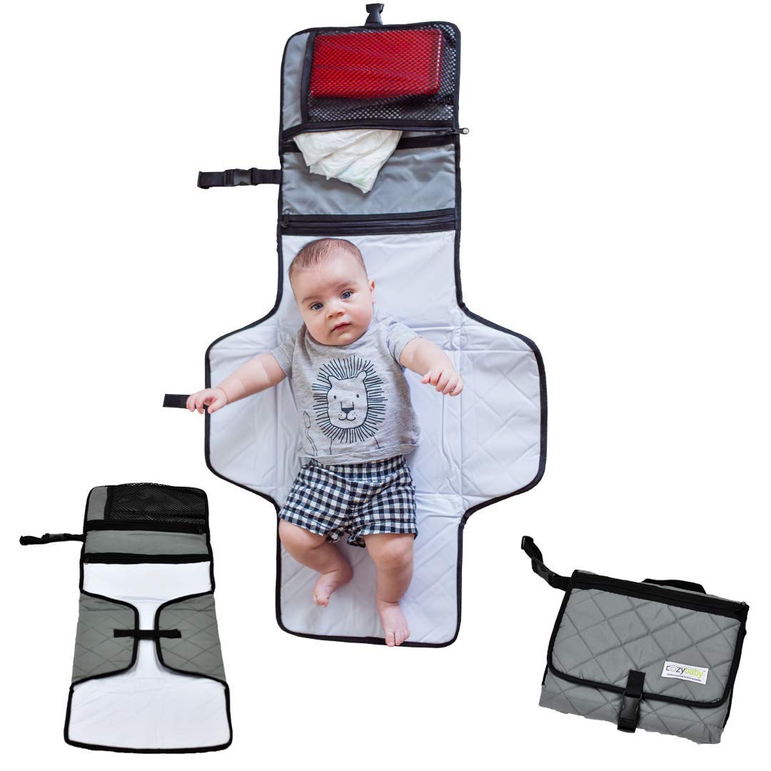 CozyBaby's On-The-Go Diaper Changing Pad (Gray) - Waterproof Padded Diaper Changing Mat with Convenient Storage Compartment Plus Handy Travel Strap & Folds into Easy to Carry Pouch