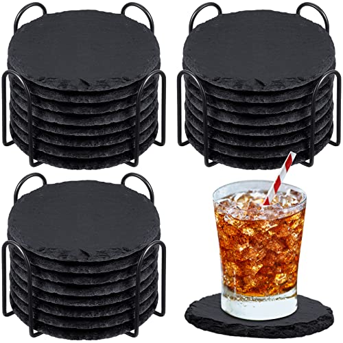 24 Pieces Black Slate Coasters with Holder Round Stone Coasters for Drinks 4 Inch Rustic Handmade Bar Coasters Set with Anti Scratch Bottom for Coffee Table Kitchen Home