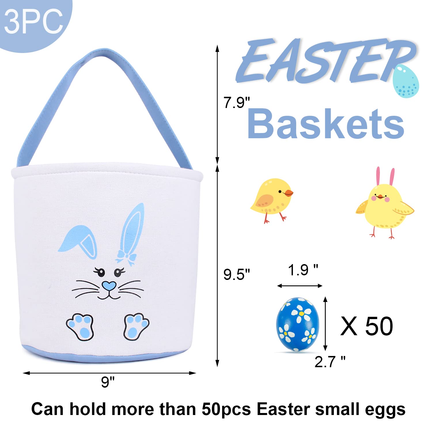 3Pcs Easter Basket for Kids Easter Bunny Canvas Candy Basket Bulk, DIY Personalized Easter Large Buckets Tote Bags Egg Hunt Gifts Basket Easter Party Favors Decorations with 2Pcs Double Line Pens