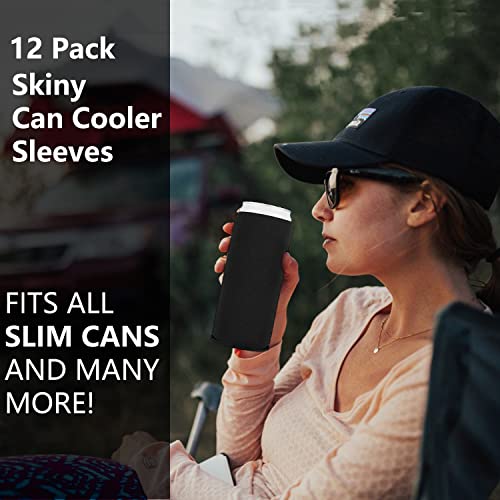 Slim Can Cooler Sleeves, 12oz Skinny Blank Neoprene Beer Can Sleeve, Soft Insulated Reusable DIY Personalized Cooler for Water Bottle Soda, Collapsible for Parties Weddings (Black, 12)