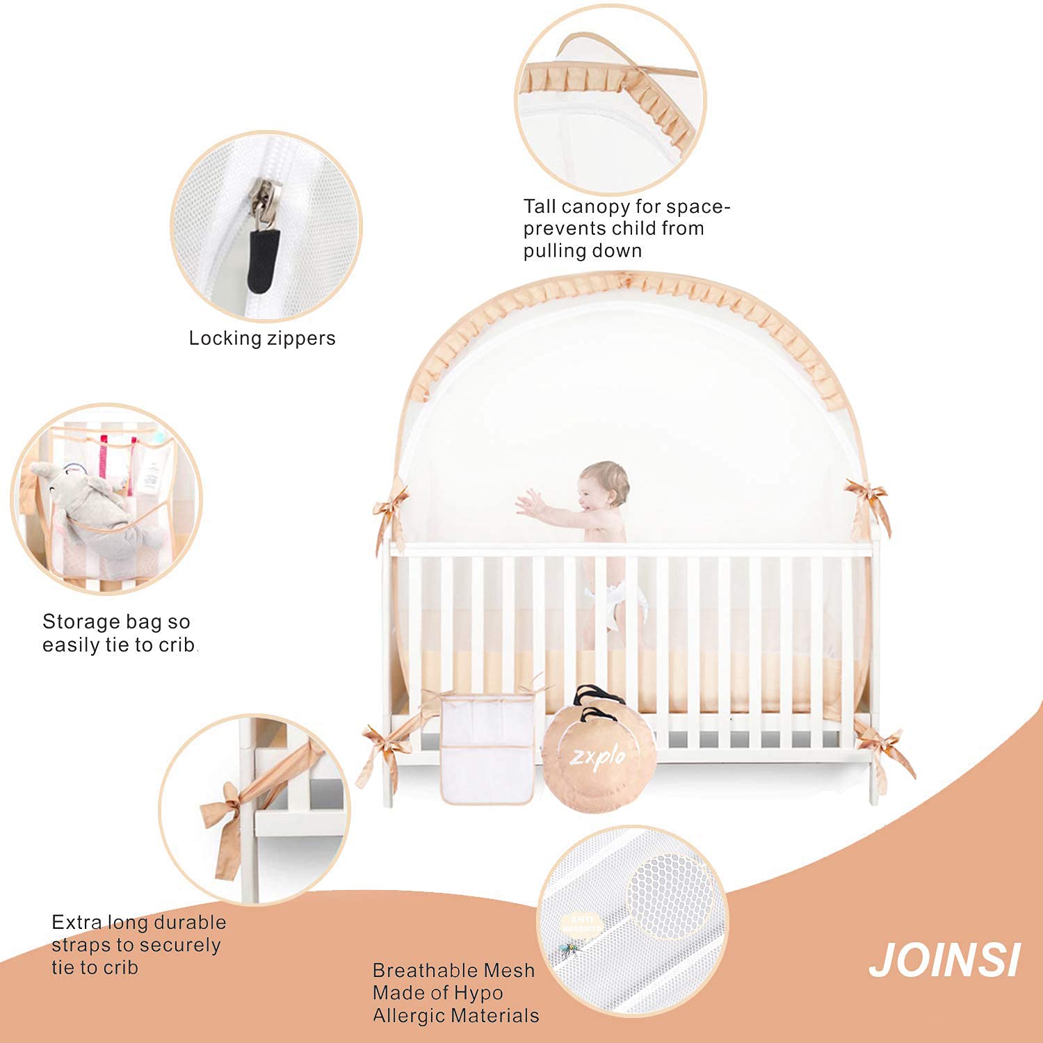 JOINSI Baby Crib Pop up Tent Infant Safety Mesh Cover Net - Canopy Cover to Keep Baby from Climbing Out