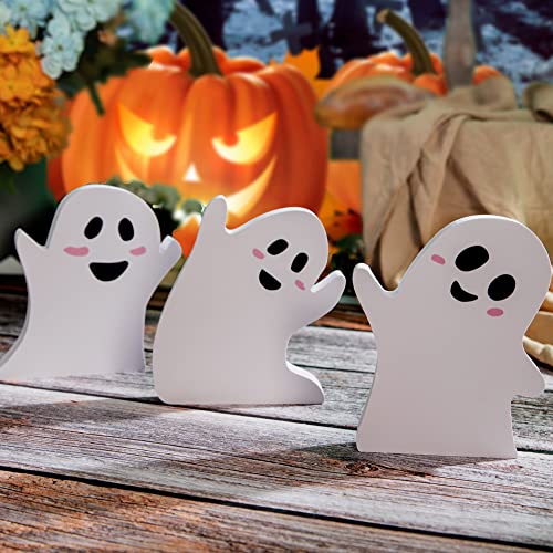 3 Pieces Halloween Decor Wooden Ghost Sign Table Tiered Tray Decorations, Trick or Treat Candy Sign Blocks for Party Home Shelf Display (Rustic)