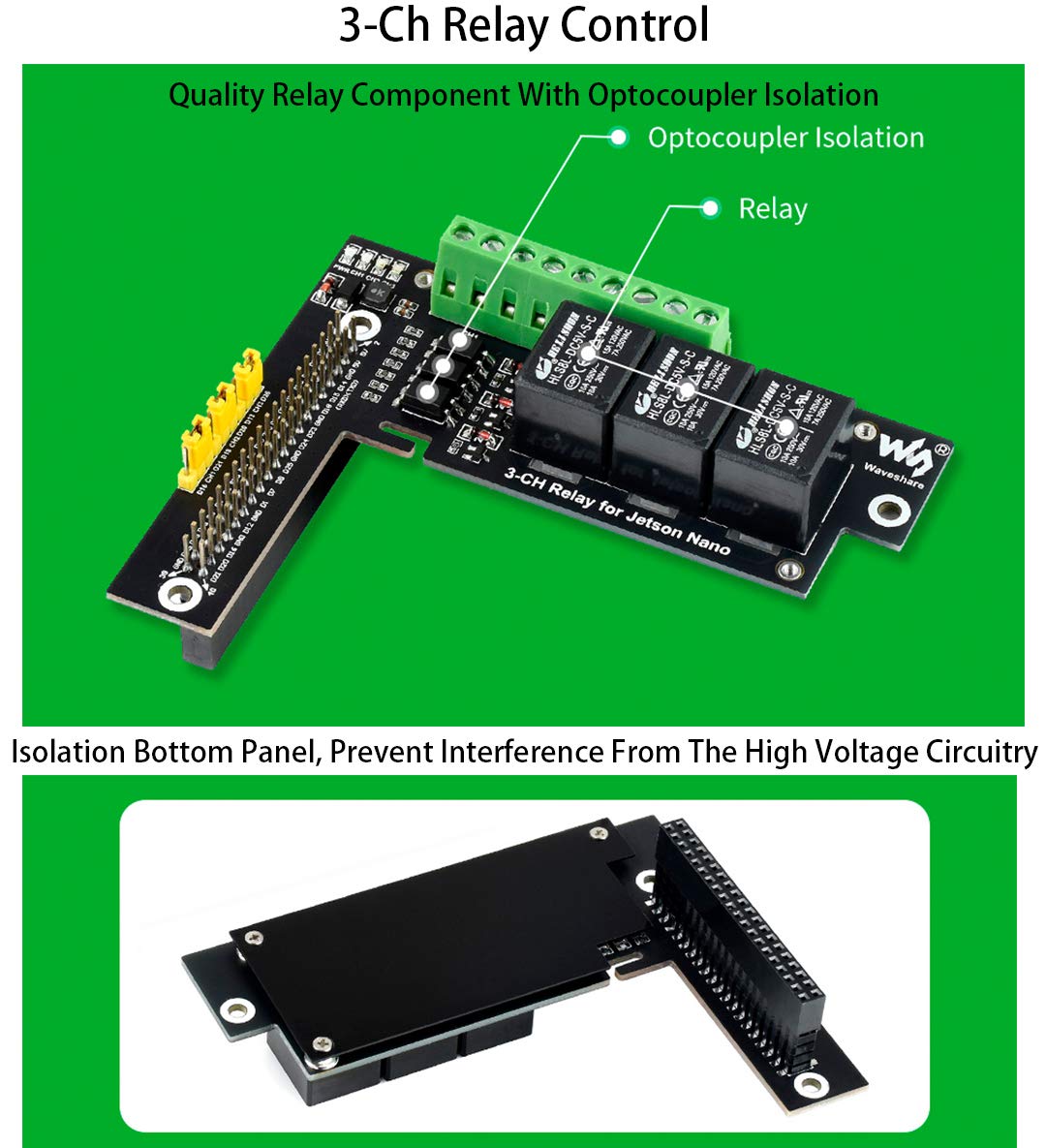 3-Channel Relay Expansion Board for Jetson Nano Developer Kit B01 and Jetson Nano 2GB Developer Kit, up to 2X Stackable Max Load ≤5A 250V AC or ≤5A 30V DC