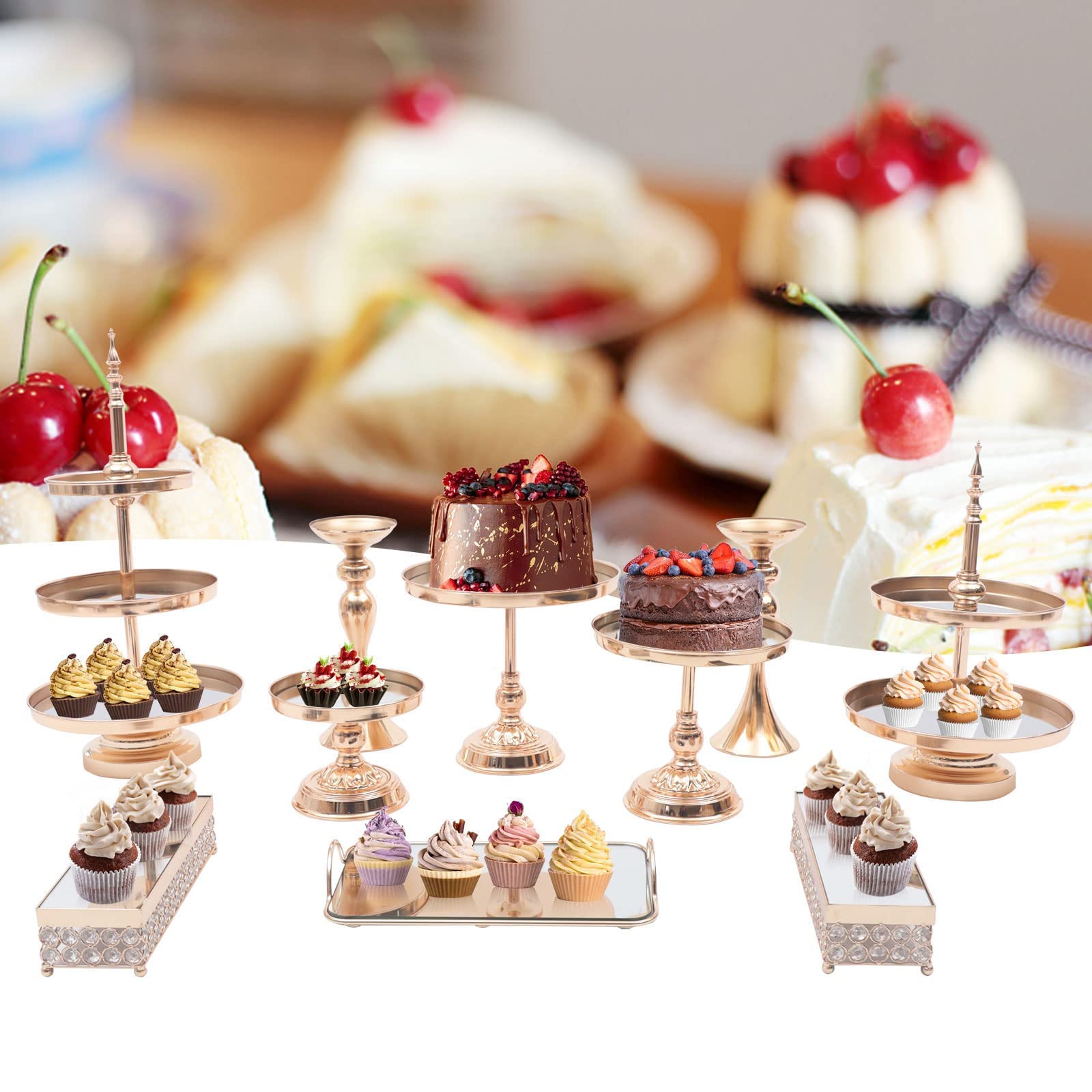 10 Piece Set Cake Stand Gold Cupcake Stand Round Gloss Shiny Metal Dessert Cupcake Stand for Birthday Party,Baby Shower,Anniversary, Afternoon Tea