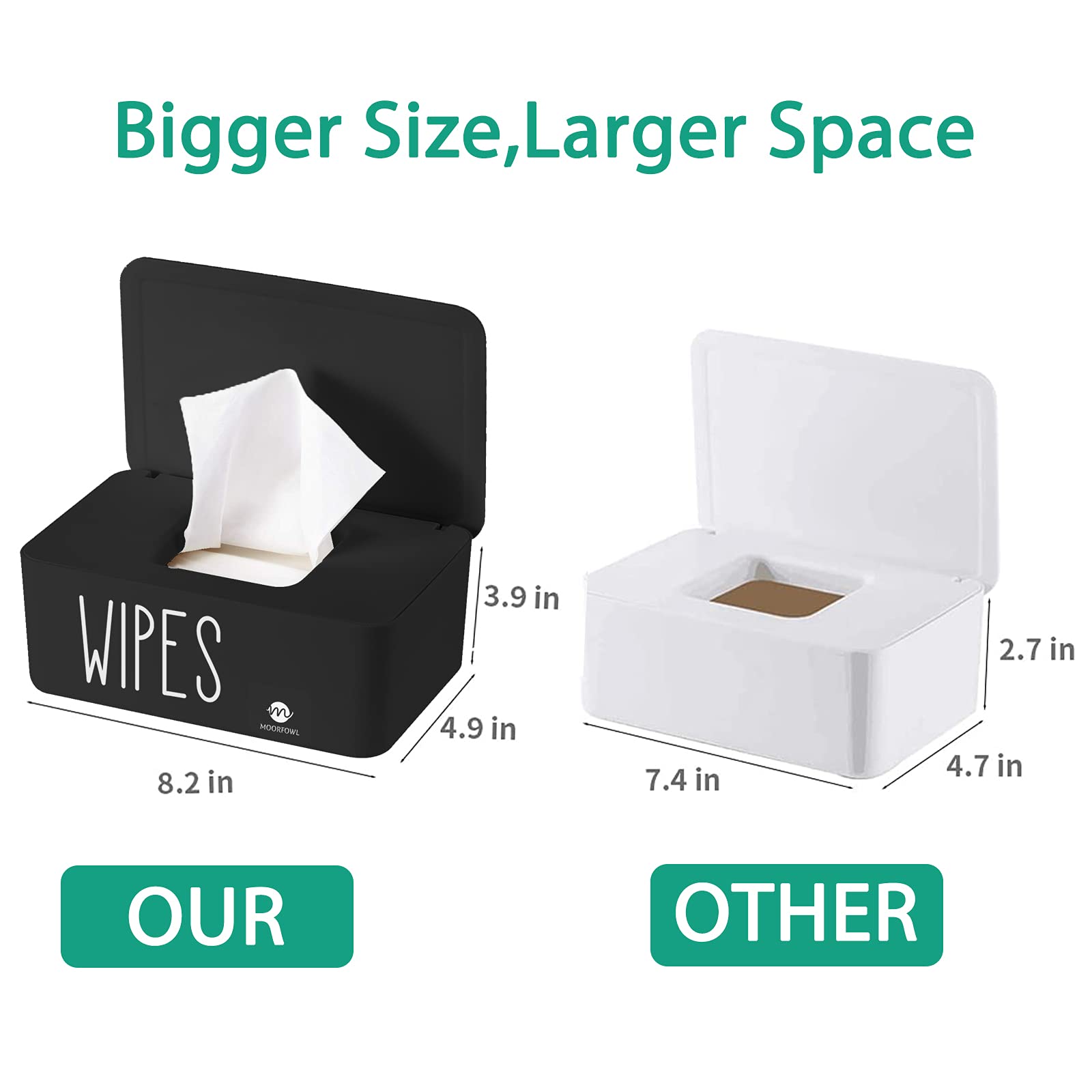 Moorfowl Baby Wipe Dispenser for Bathroom, Upgarde Design(8.2L x 4.9W x 3.9H inches), Minimalist Wipes Holder Container Flushable (Black-New)
