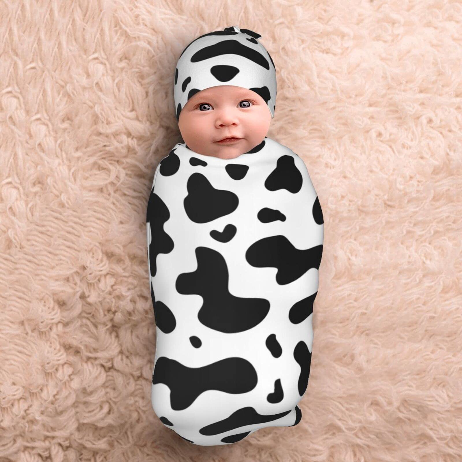 Belinyo Cow Print Newborn Swaddle Set Baby Receiving Blanket with Beanie Hat Infant Swaddle for Girls Boys One Size