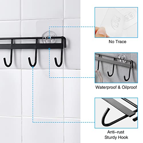 2 Pack Kitchen Adhesive Wall Hooks Rack Rail,Spoon Hanger for Kitchen Hanging Spatulas Measuring Spoons Space Saving No Drilling Hanger with 6 Hooks for Bathroom Bedroom Closet(Black)