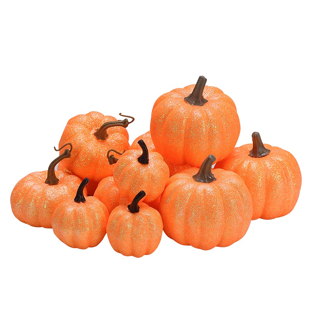 12 Pack Glitter Artificial Pumpkin for Fall Home Decor, Sparkly Fake Pumpkins Decorations, Thanksgiving Halloween Mantel Garden Fall Harvest Party Supplies