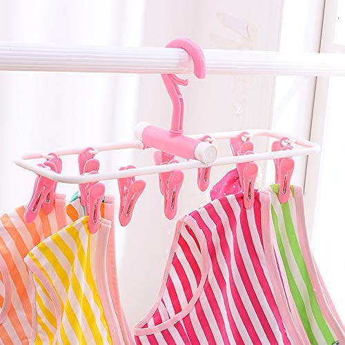 Amlrt 2 Packs Travel Foldable Portable Hanging Drying Rack, Laundry Drying Space Saving Travel Rotatable Plastic 12 Clips (Rose and Blue)
