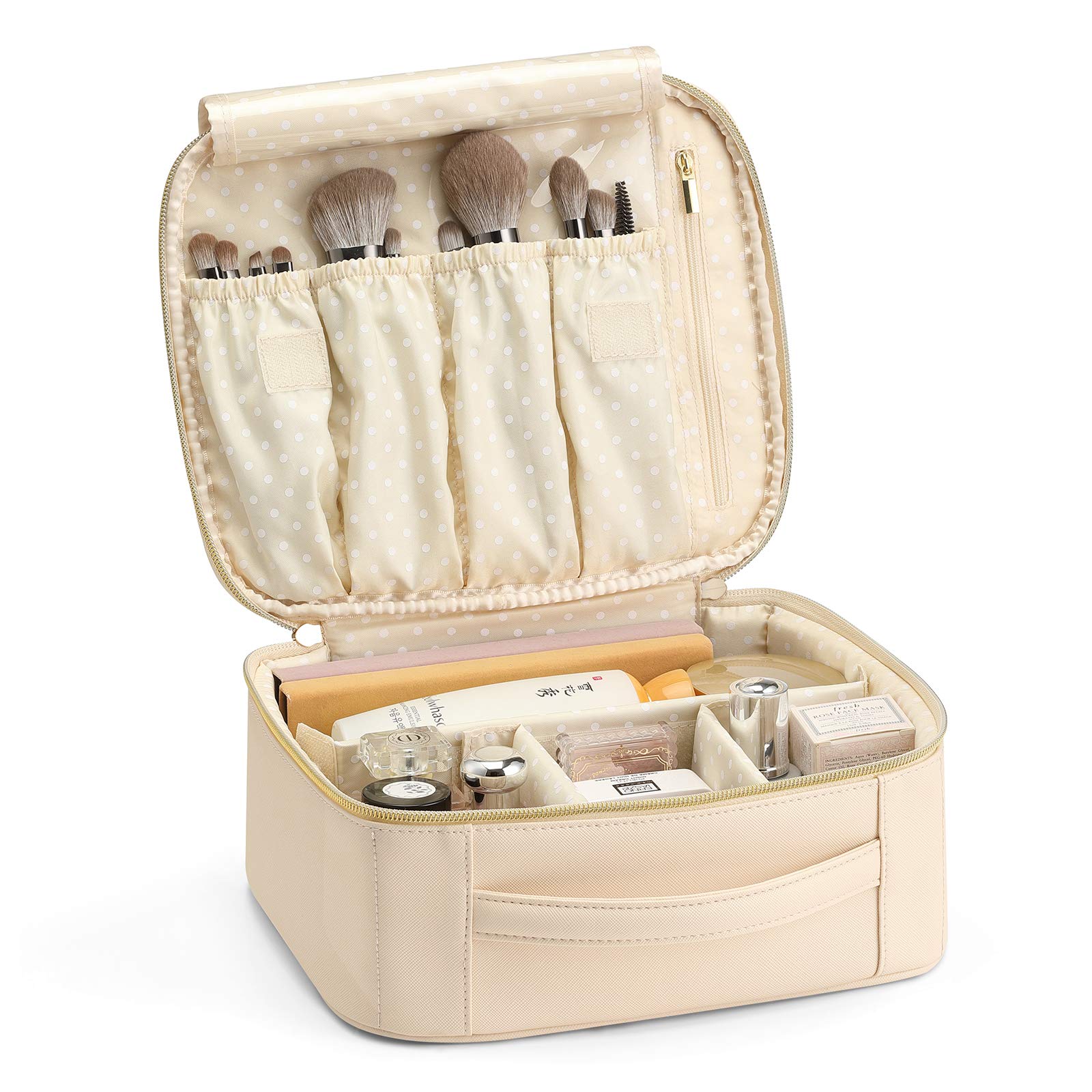 Vlando Makeup Bag,Gifts for Women Travel Makeup Bag Organizer Leather Make up Storage Bag for Women Adjustable Dividers Make up Brushes Case for Valentine's Day Birthday-white