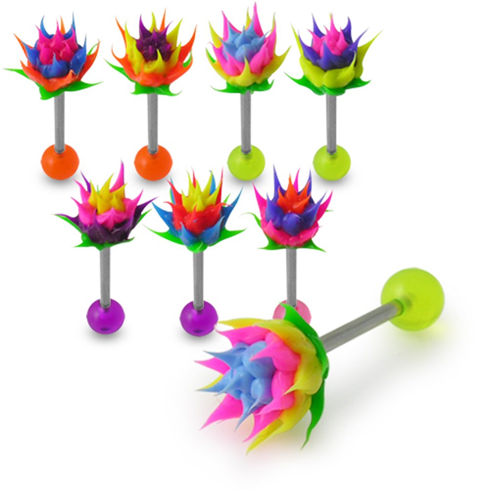 10 Pieces of Spikey Silicone Flower Tongue Barbell. 14Gx9/16(1.6x14MM) Surgical Steel Barbellwith 6MM Silicone Ball and 6MM UV Ball Tongue Ring.