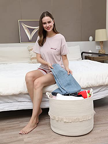 18" x 15" Large Woven Storage Baskets, Cotton Rope Decorative Hamper for Clothes, Blankets, and Laundry, Cute Tassel Decor - Home Storage Container - All White