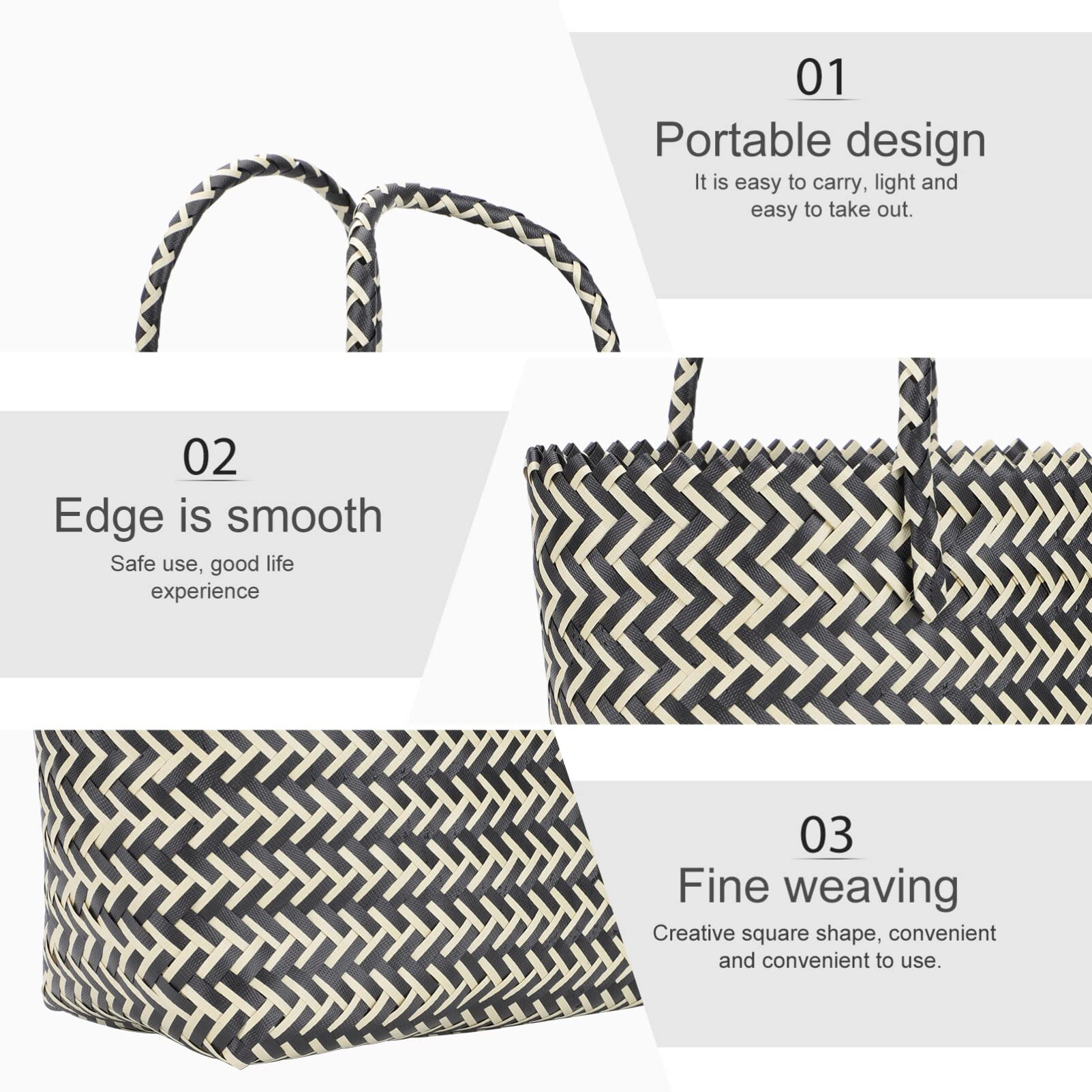 Cabilock Handmade Moroccan Market Basket Large Capacity French Wicker Basket Straw Beach Bag Vegetables Shopping Basket with Handle for Women Shopping Laundry Black