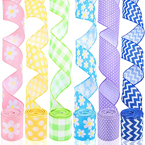 6 Rolls 30 Yards Flower Daisy Wired Edge Ribbon Polka Dot Wired Ribbon Check Plaid Ribbon Wave Pattern Fabric Ribbon Summer Spring Decorative Ribbon for DIY Craft Wrapping, 2.5 Inch (Fresh Colors)