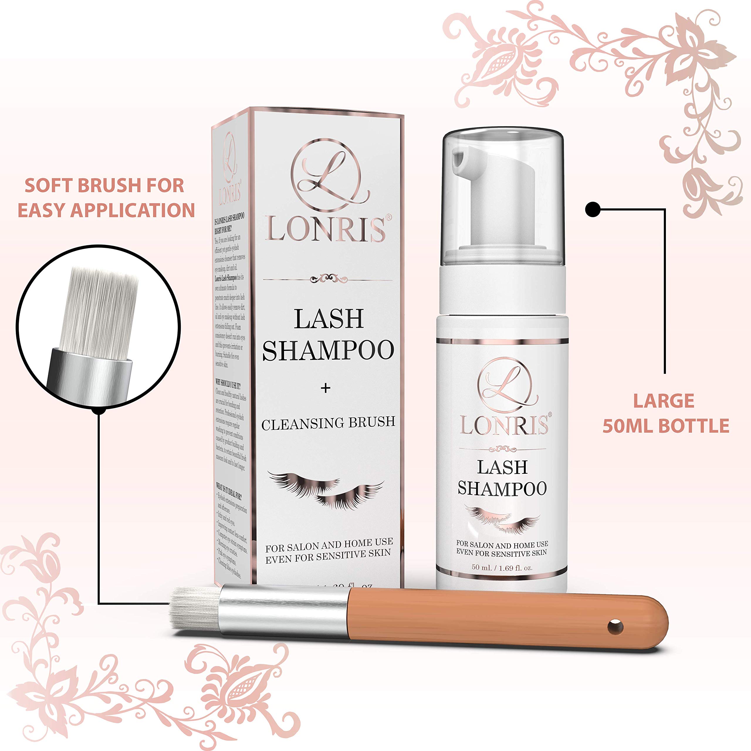 2 in 1 Eyelash Extension Shampoo & Mascara Remover/LONRIS Eyelid Foaming Cleanser/Extensions and Natural Lashes Safe Foam/False Eyelashes Makeup Wash/Paraben & Sulfate Free/Personal and Salon Use 50ml