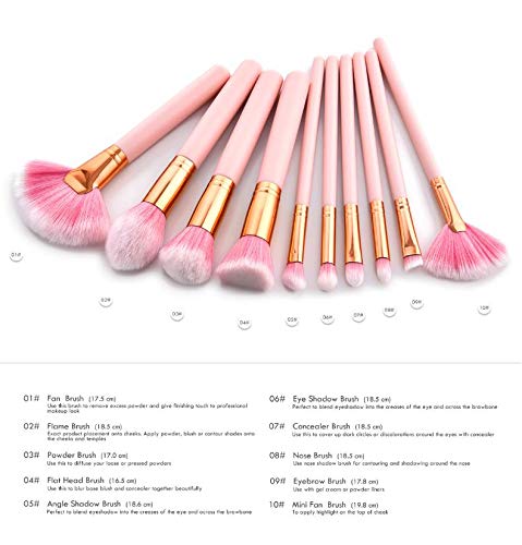 ARALOR Makeup Brushes Set 10 pcs Pink Wood Handle Soft Nylon Bristles Kabuki Makeup Brush Cosmetic Brushes Eyeshadow Eyeliner Blush Brushes