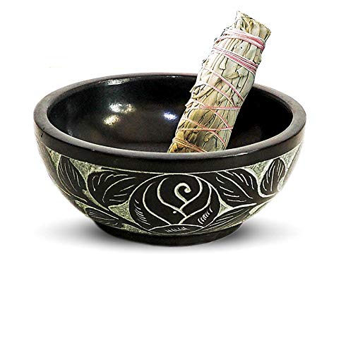 Kaizen Casa Hand Carved Natural Stone Bowl, Smudge Bowl, Stone Bowl, Smudge Pot, White Leaf Carved Design |Size_5β x 2β β Black | Ritual Bowl Display Bowl Jewelry Dish Kitchen Table Decor Gift.