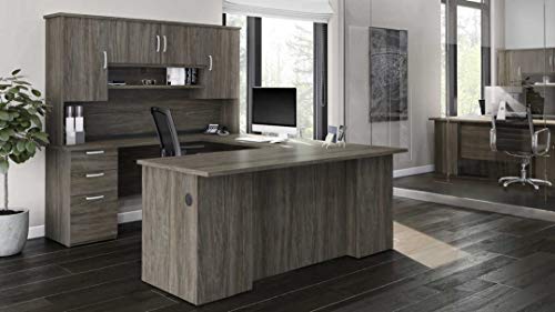 Bestar Murzim U or L-Shaped Executive Desk with Hutch, 71W, Walnut Grey