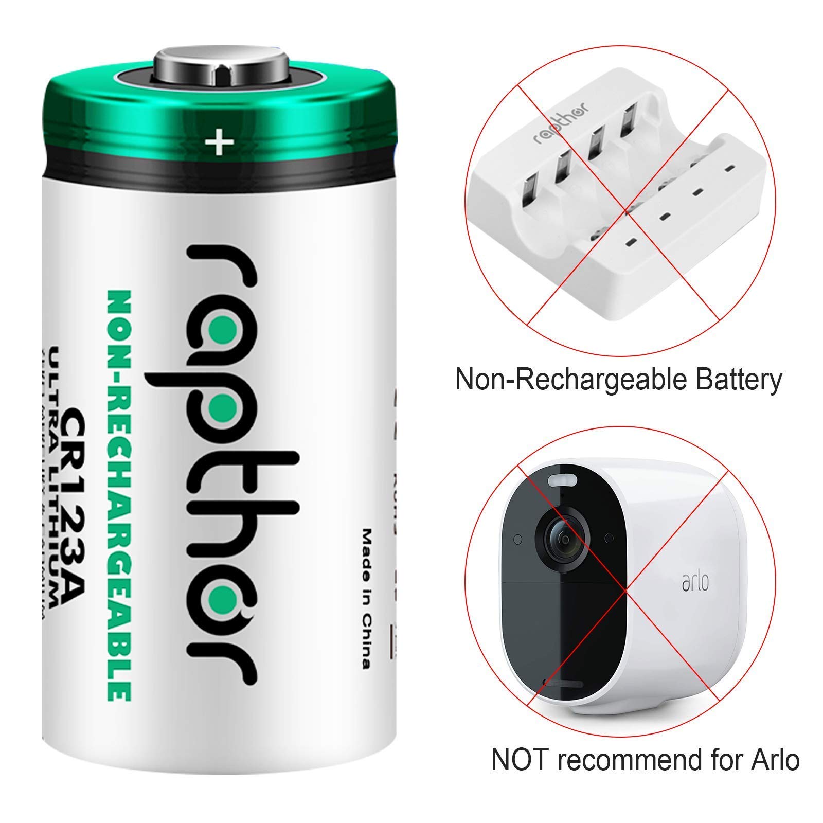 rapthor CR123A Lithium Batteries 1650mAh High Power UL Certified 3V Non-Rechargeable Battery with Built-in PTC for Flashlight Toys Alarm System Microphones (Not for Arlo) (20)