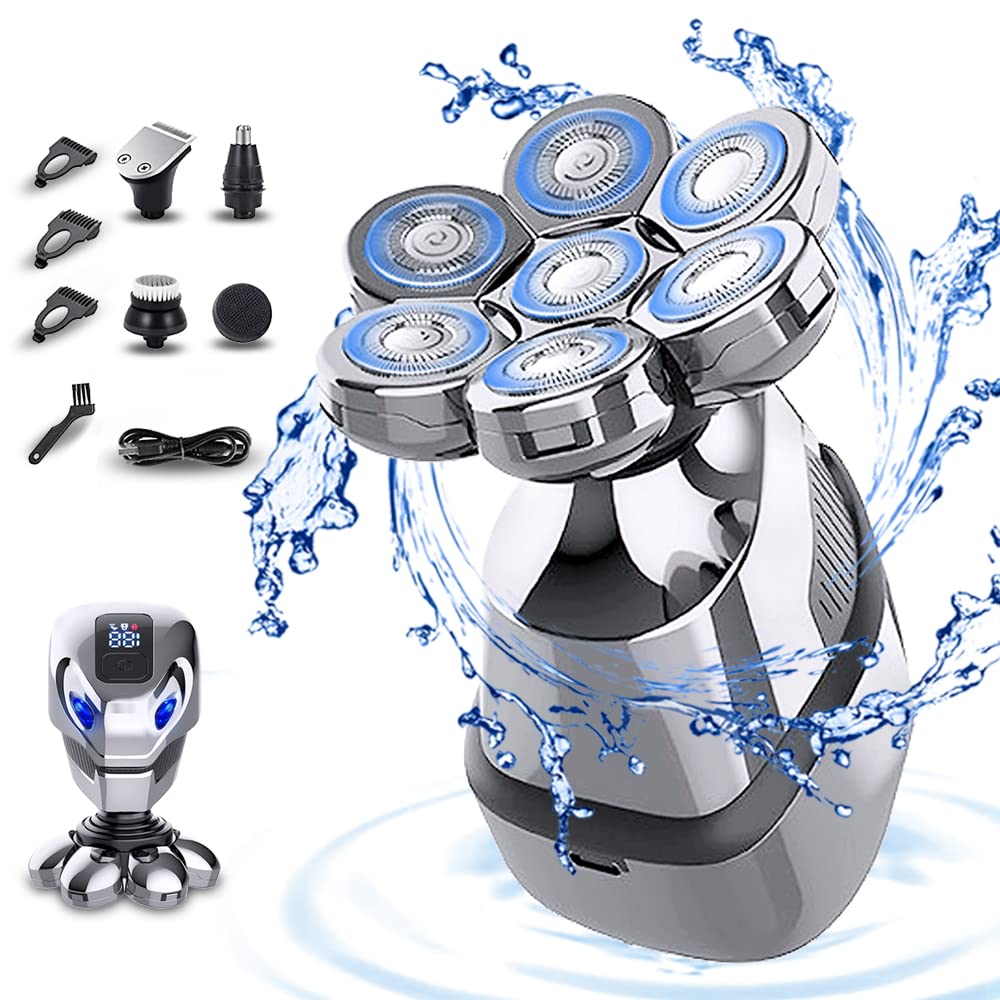 Yogioaf Head Shaver for Men, 5-in-1 Electric Razor for Men, Wet & Dry, Anti-Pinch, Upgrade Cordless with 7D Floating Shaving Heads, Waterproof and Rechargeable Rotary Bald Head Shaver