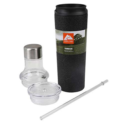Ozark Trails Tumbler Set - 20 Oz, 3 Lids & Straw, Vacuum Insulated Stainless Steel Bottle with Leak-Proof Lid, Coffee Travel Mug With Straw Lid, Gift Box,Black