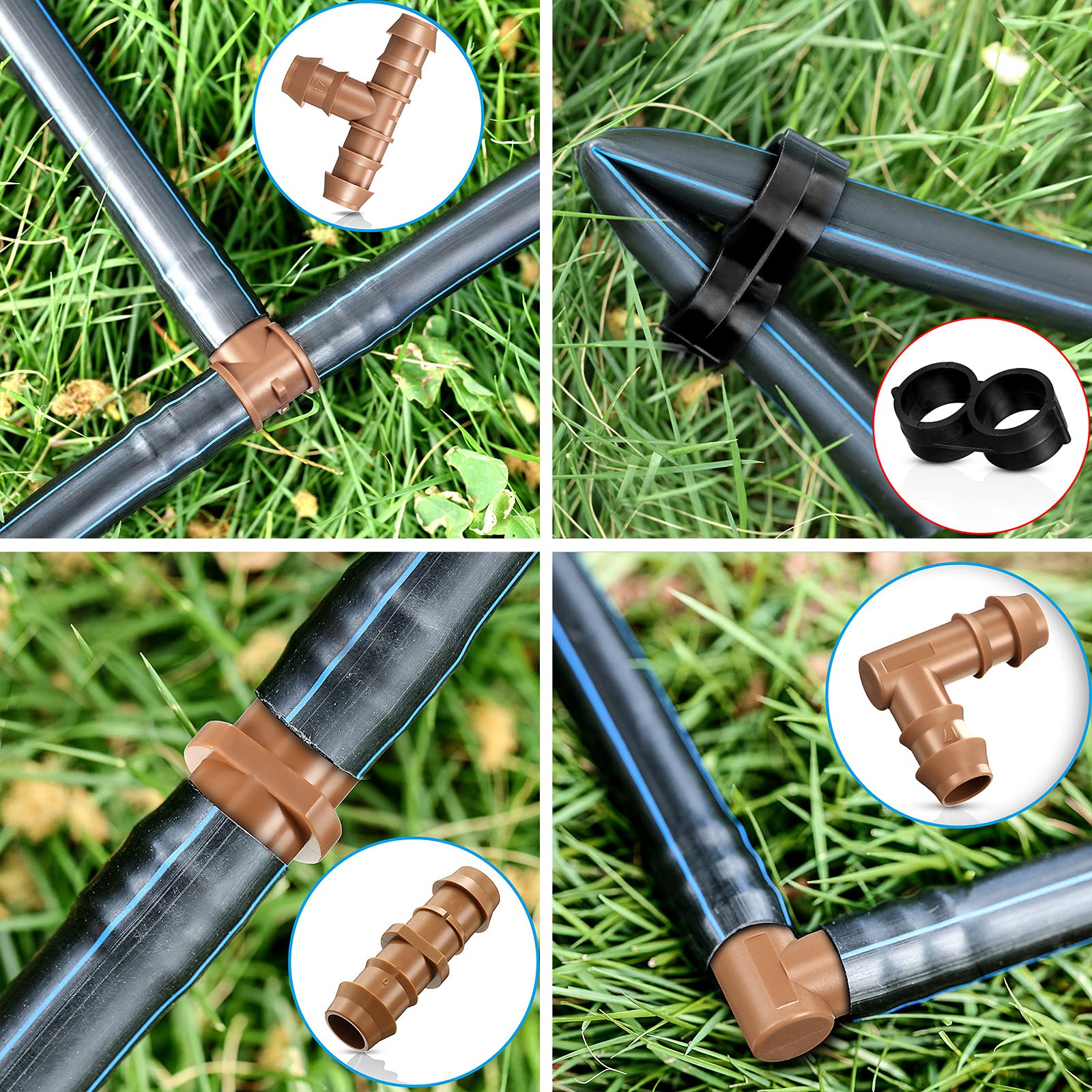 34 Pieces Drip Irrigation Fitting Kit 1/2 Inch Tubing Set, 2 Switch, 8 Tee, 8 Coupling, 8 Elbow and 8 End Cap Plastic Plug, Drip Irrigation Barbed Connector for Compatible Drip or Sprinkler System