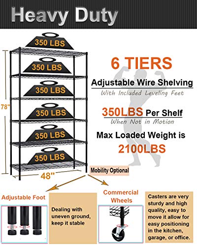 6 Tier Storage Metal Shelf 82"x48"x18" NSF Wire Shelving Unit with Wheels Heavy Duty Layer Rack with Casters, Sturdy Steel Metal Wire Rack for Pantry Kitchen Garage Rack (Black, 82"x48"x18")