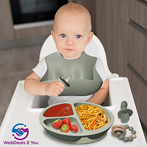 Baby Feeding Set Silicone Baby Bib Baby Plate Bowl Spoon Fork Divided Plate Baby Teether Baby Led Weaning Baby Gift Set