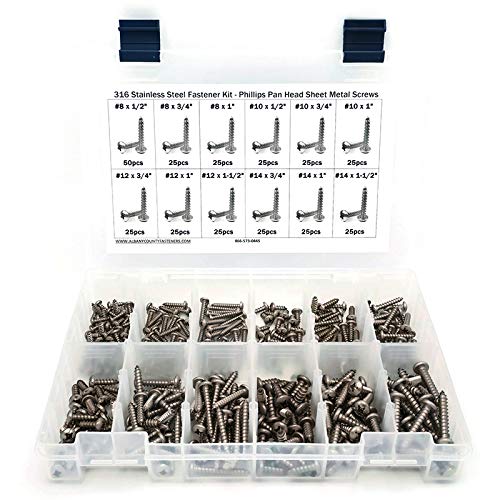 316 Stainless Steel Phillips Pan Head Sheet Metal Screw Assortment Kit Sizes #8 Through #14-326 Pieces