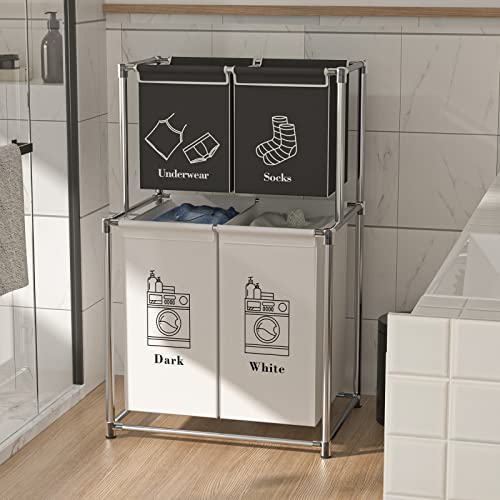 2-Tier Vertical Laundry Sorter with 4 Removable Bags, 4 Section Laundry Basket Organizer Hamper for Laundry Room, Small Space and Closet
