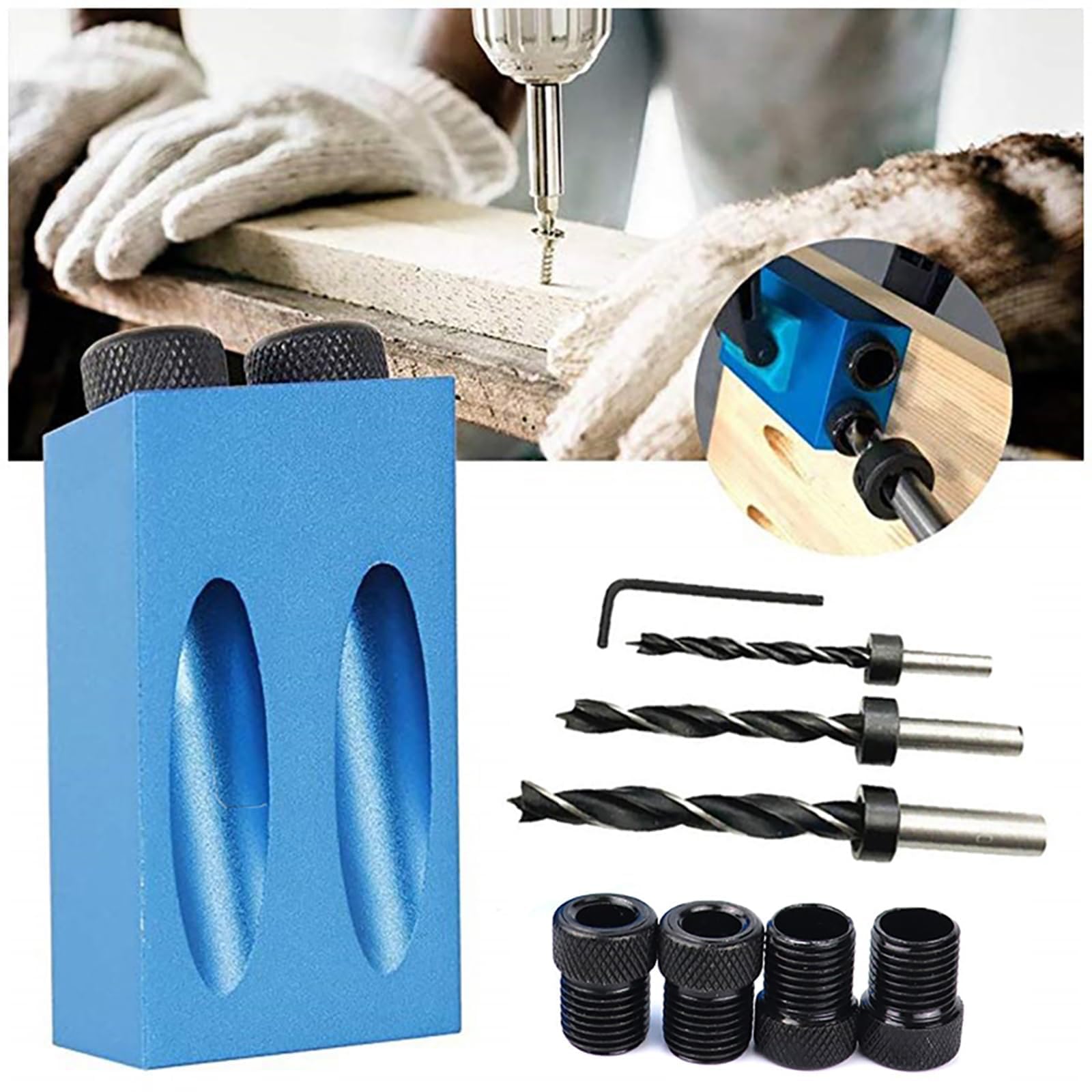 14Pcs Pocket Hole Jig Kit, 15 Degree Woodworking Inclined Hole Jig with 6/8/10mm Drill Bits for Carpentry Woodworking Angle Drilling Holes