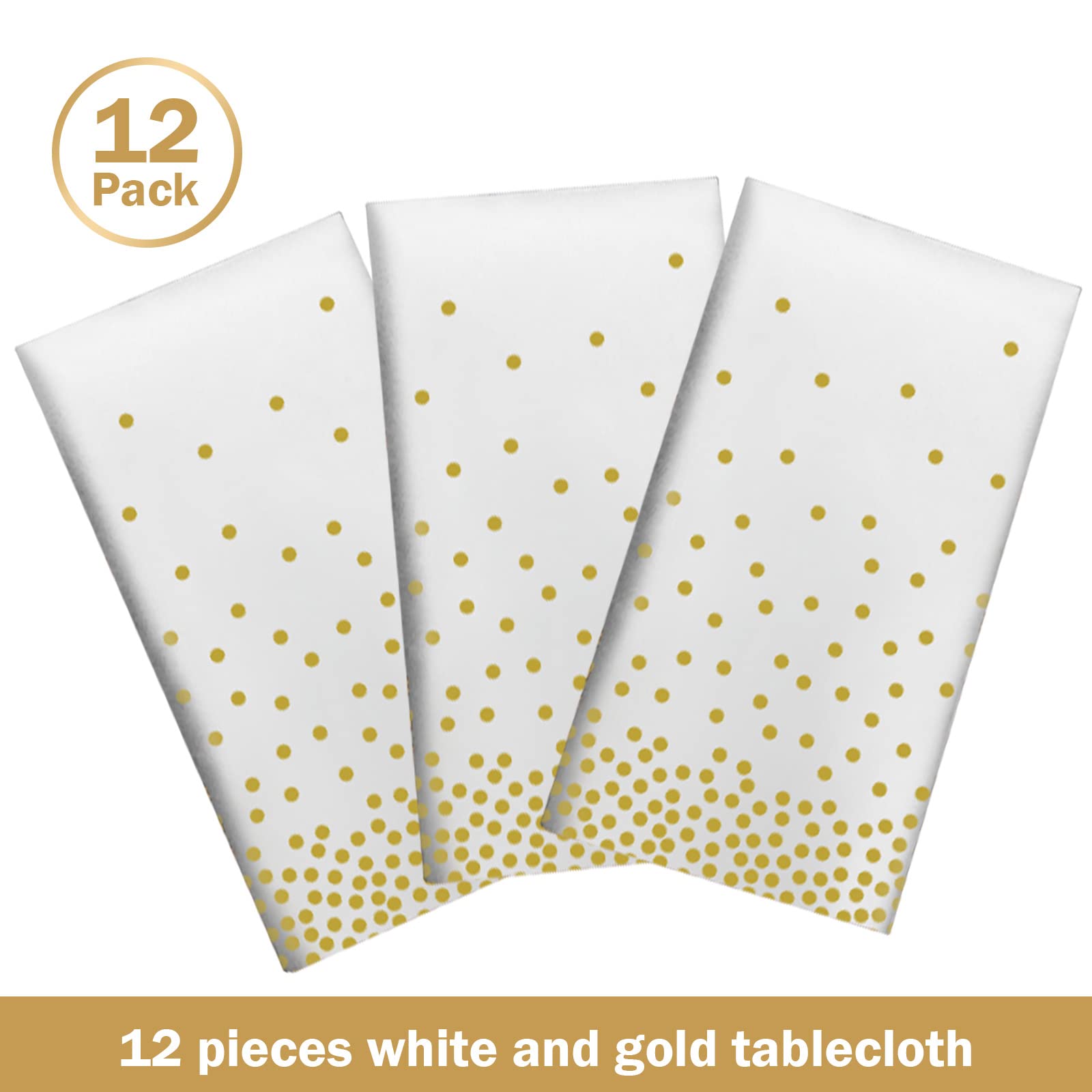 12 Pack White and Gold Dot Plastic Tablecloth, Gold Stamping Dot Confetti Rectangle Plastic Disposable Tablecloth for Birthday Wedding Baby Shower Engagement Anniversary Party Decorations, 54x108 Inch