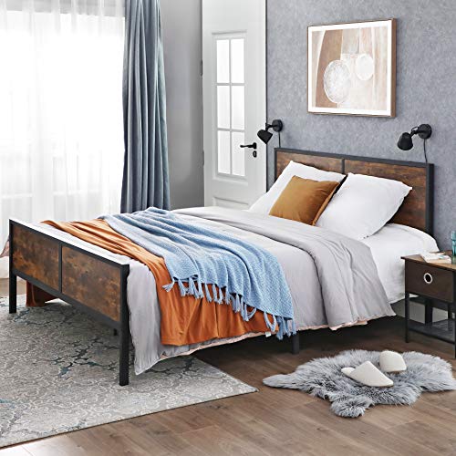 VASAGLE Queen Size Metal Bed Frame with Headboard, Footboard, No Box Spring Needed, Platform Bed, Under-Bed Storage, Industrial Style, Rustic Brown and Black URMB001B01