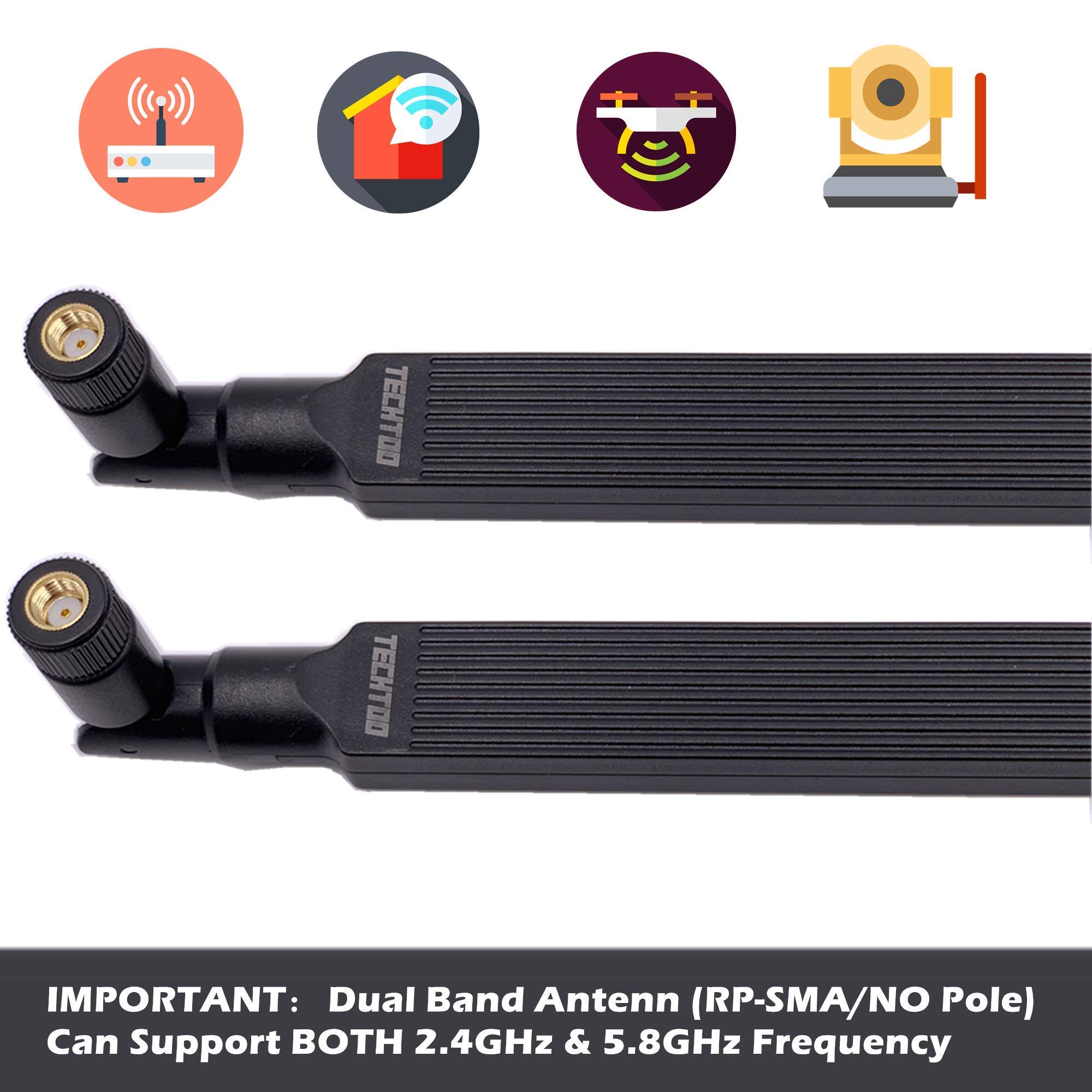 TECHTOO WiFi Antenna Dual Band 9 dBi 2.4/5.8GHz for Router AP - Security IP Camera - USB Card Adapter - PCI PCIe Cards - Range Extender - PC Desktop - Drone - PS4 Build (2.4/5.8GHz RP-SMA 2-Pack)