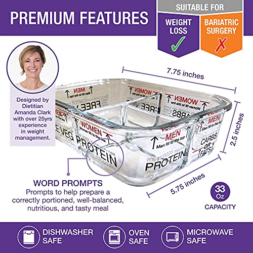 Portion Perfection Portion Control Container - Glass Meal Prep Containers Reusable for Food/Lunchbox 3pk, Oven-safe, 3 Compartment with Lids, Practical Weight Control, Clear Instruction Guide