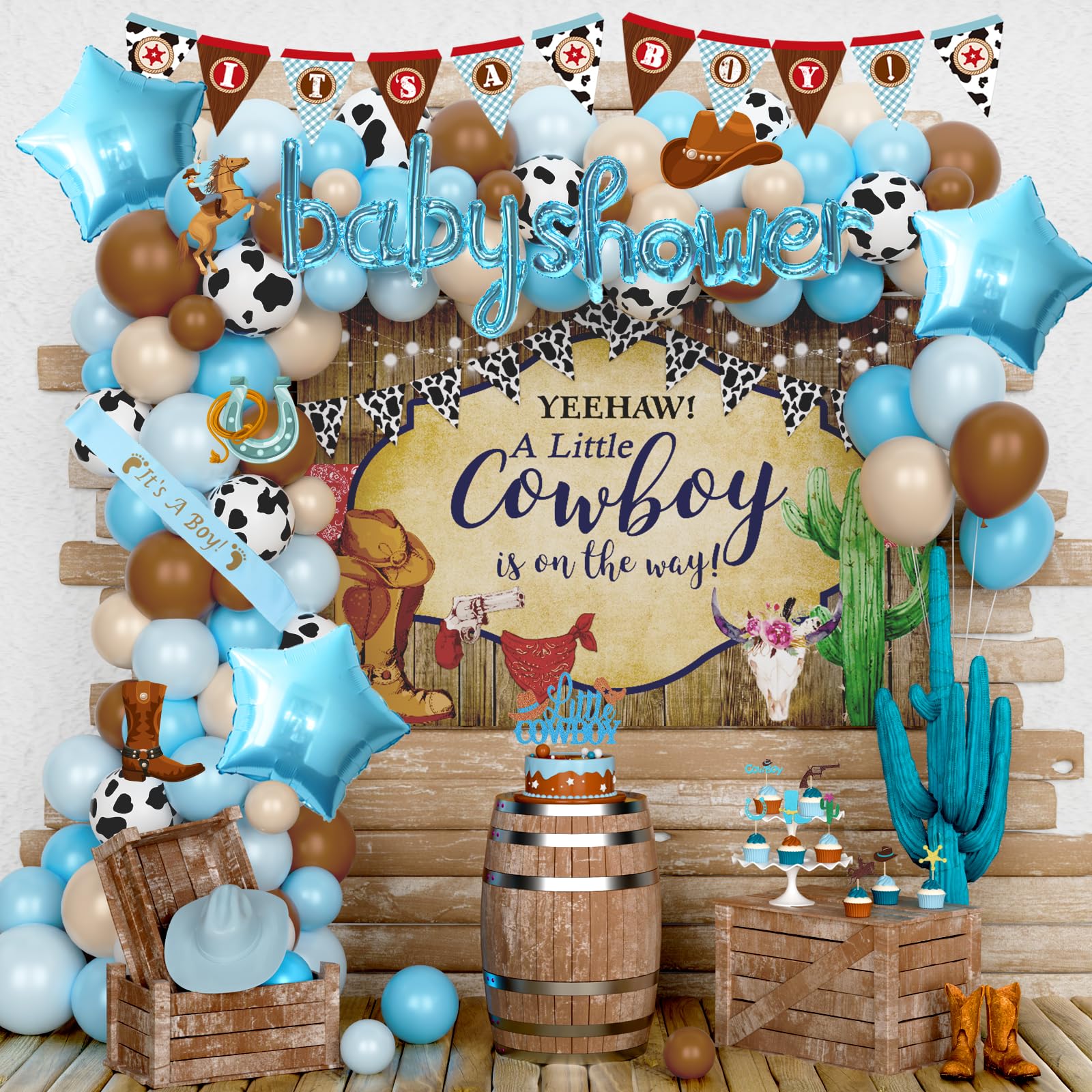 123 PCs Cowboy Baby Shower Decorations for Boy, Fiesec Western Rodeo Wild West Baby Shower Decorations A Little Cowboy Is On The Way Backdrop Balloon Garland Arch Banner Cake Cupcake Topper Sash